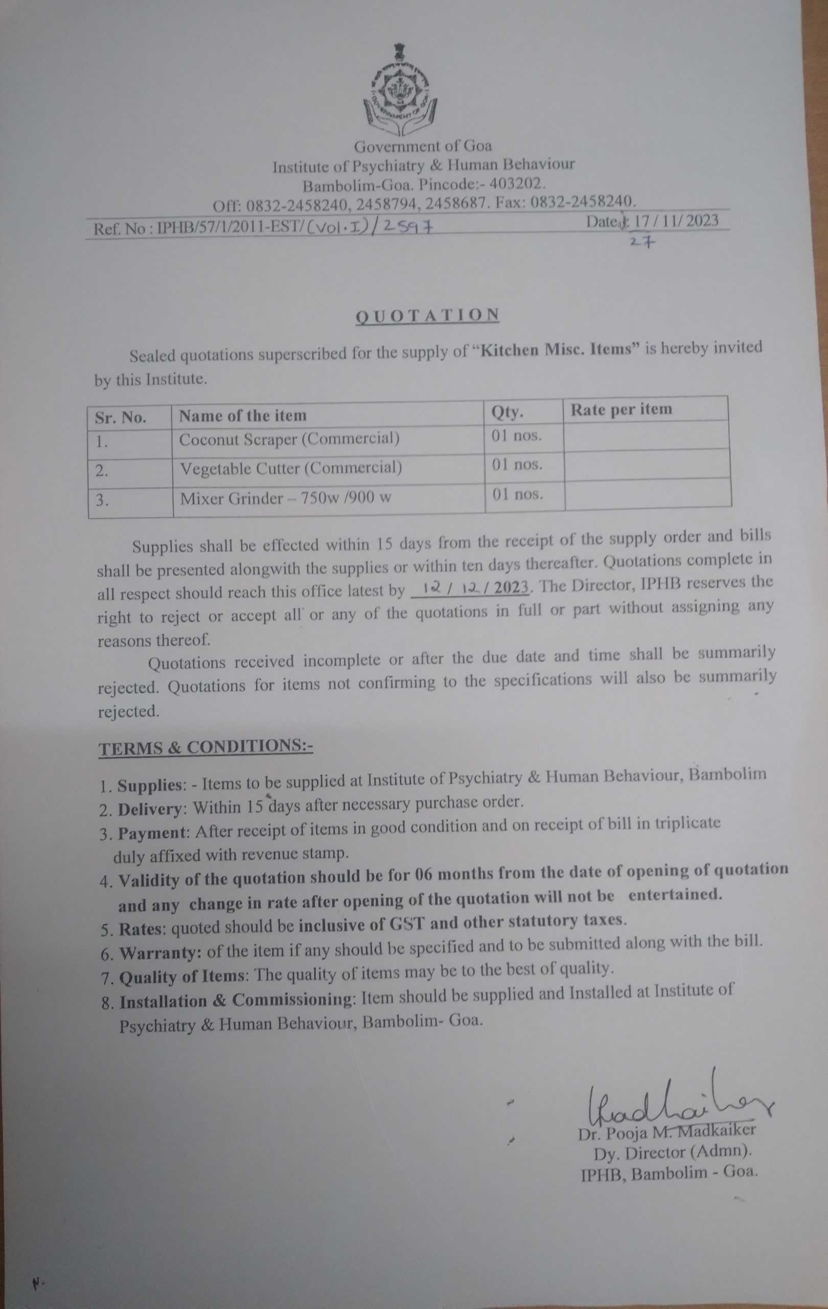 Quotation for supply of Kitchen Misc Items – 28.11.2023 – Institute of ...